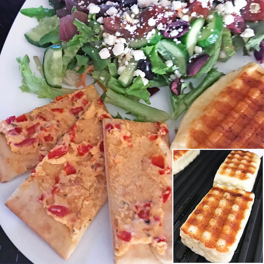 Grilled Halloumi with Roasted Red Pepper and Feta Flatbread – Foodsmiths